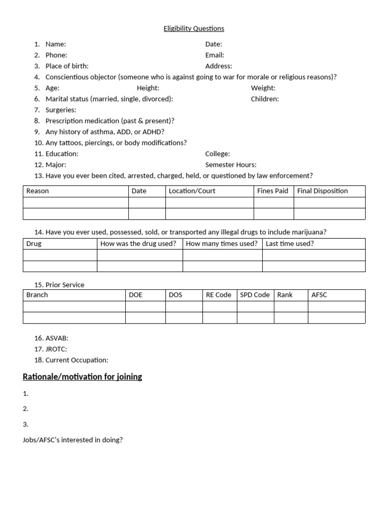 Eligibility Questionnaire for Service Applicants | PDF