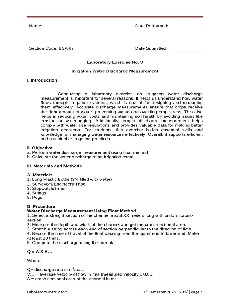 Abe Lab Sheets 3 Semi Final | PDF | Discharge (Hydrology) | Water