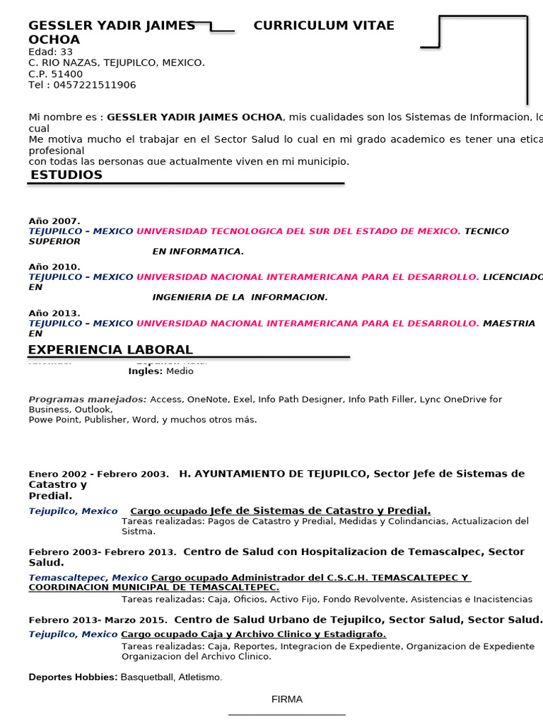 Curriculum Vitae de Gessler Yadir Jaimes | PDF