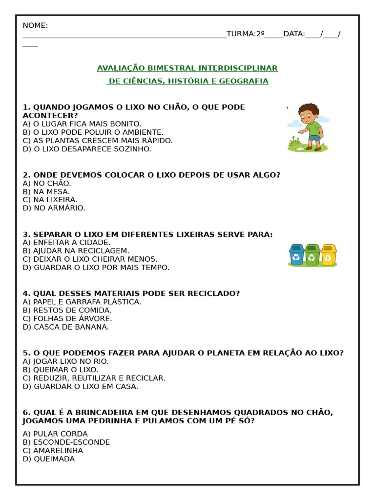 Avaliação Interdisciplinar de Ciencias Historia e Geografia 4 Bimestre ...