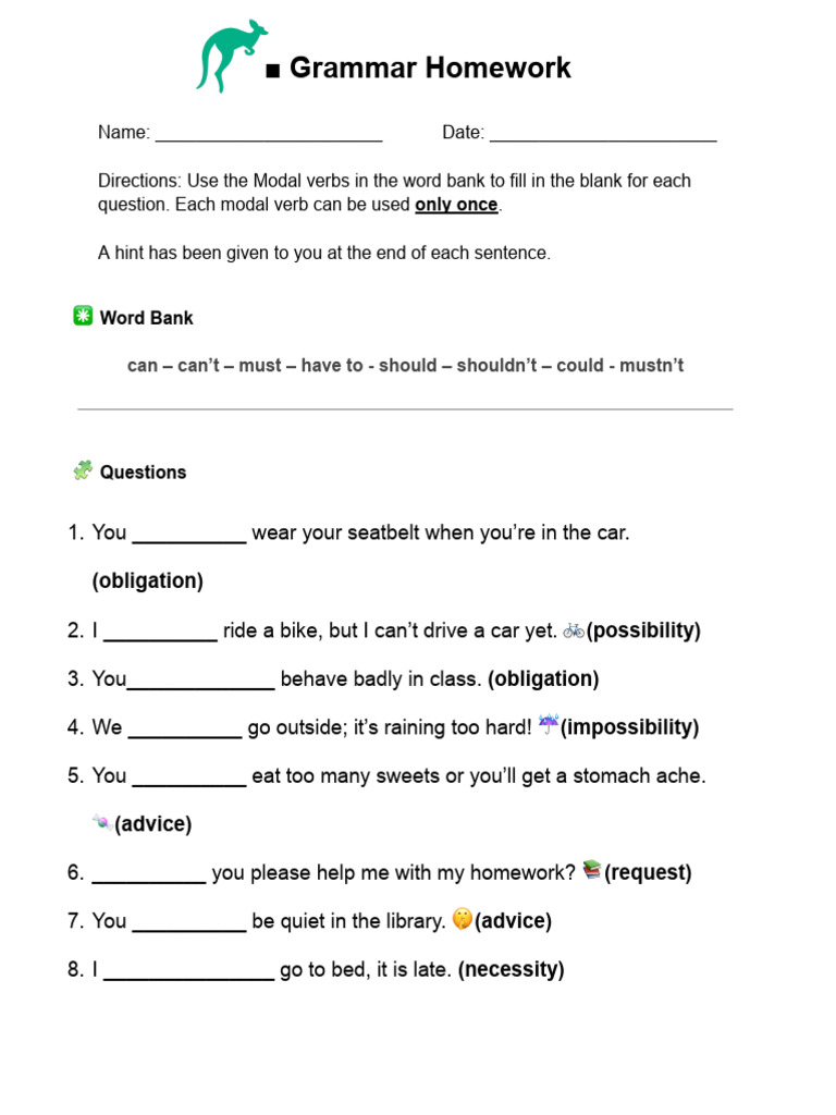 Wallaby 1 Homework Grammar Unit 2 Session 3 Modal Verbs Review | PDF