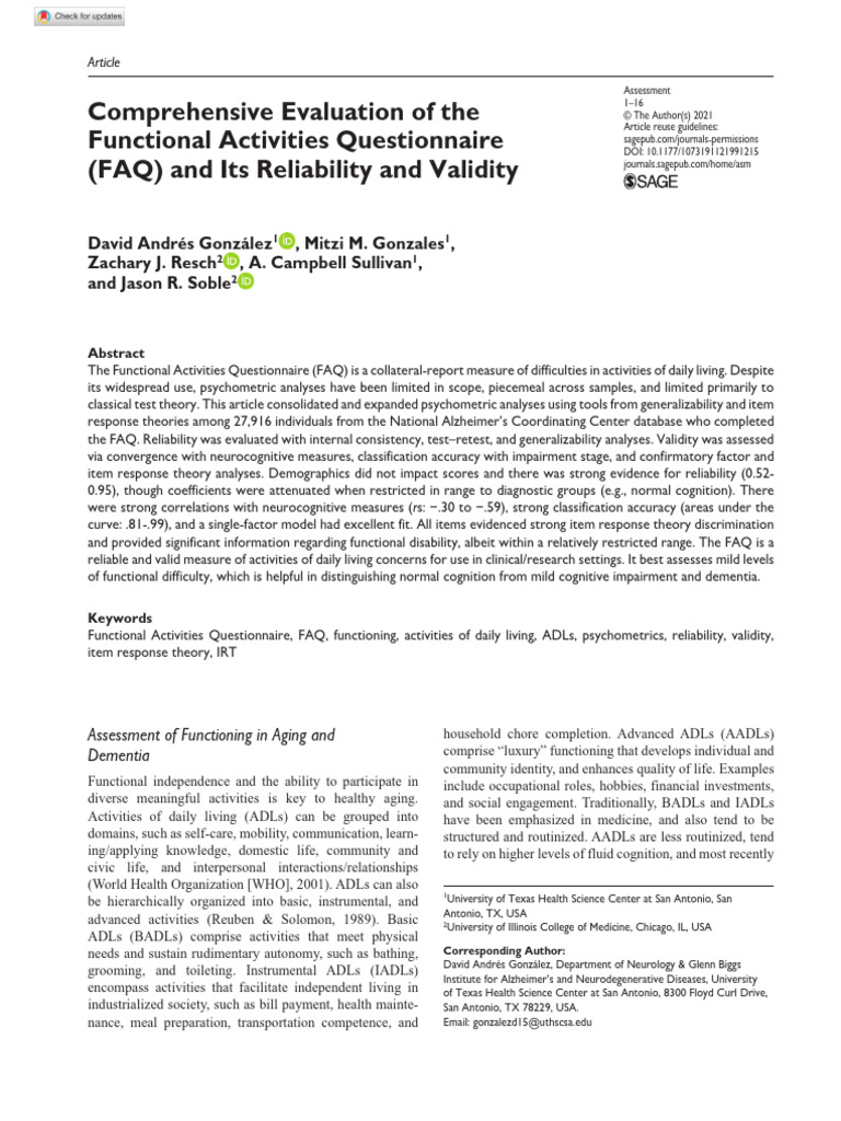 Comprehensive Evaluation of The Functional Activities Questionnaire ...