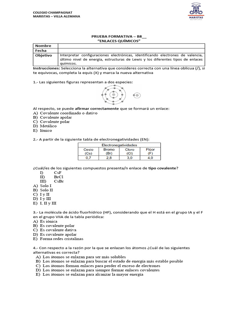 Prueba Formativa - Enlaces Quimicos B8 | PDF | Enlace covalente | Enlace químico