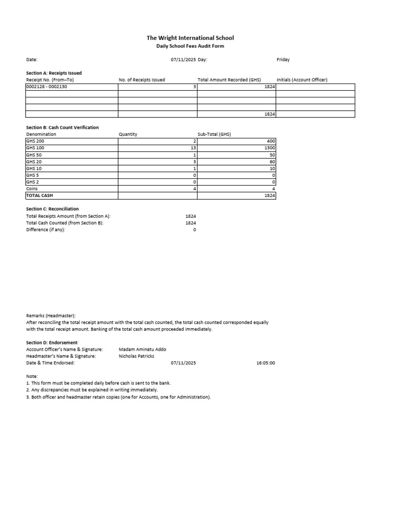 Daily School Fees Audit Report | PDF | Currency | Numismatics