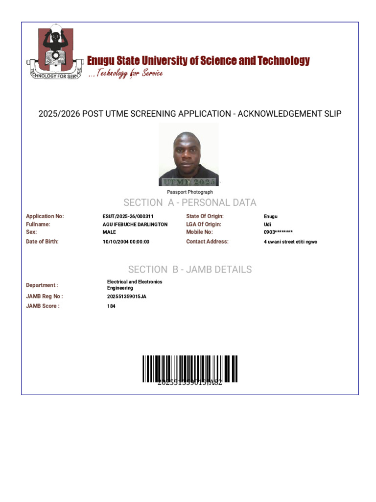 ESUT 2025/2026 Post UTME Acknowledgement | PDF