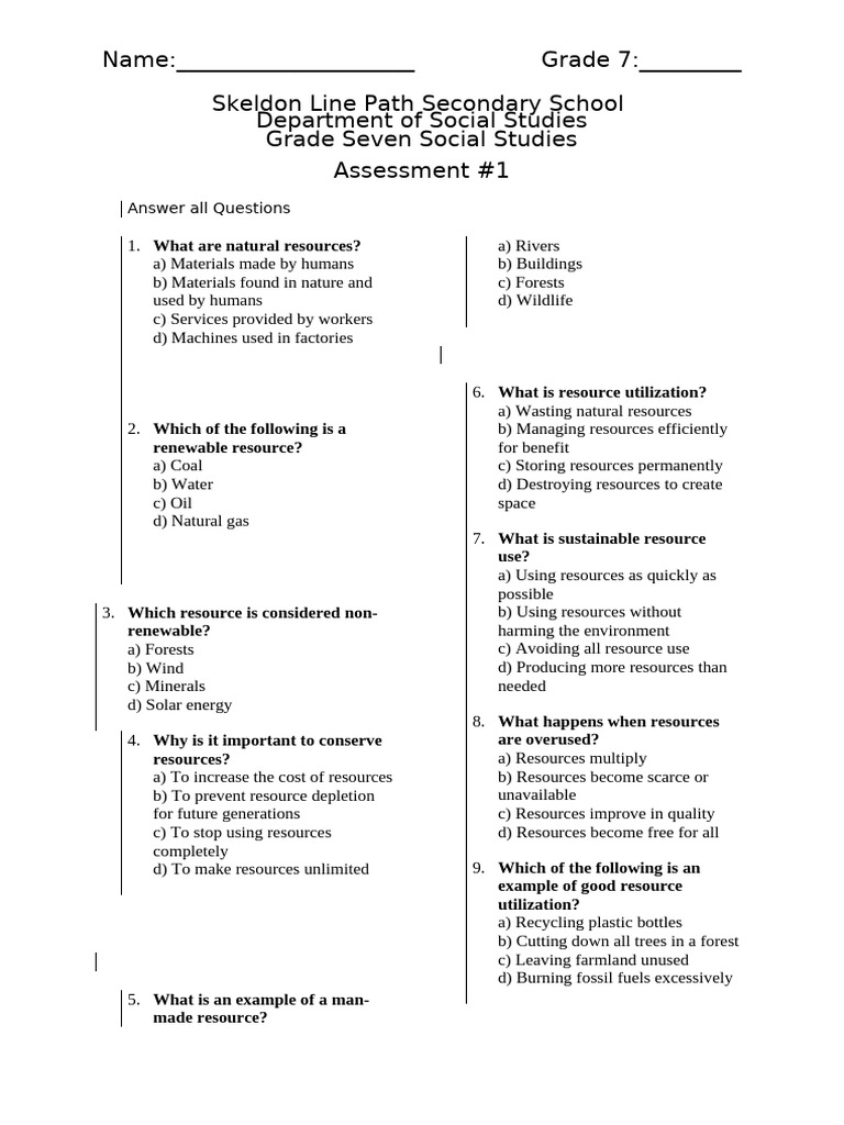 Grade 7 Social Studies Assessment and Mark Scheme. LN3 | PDF | Resource ...