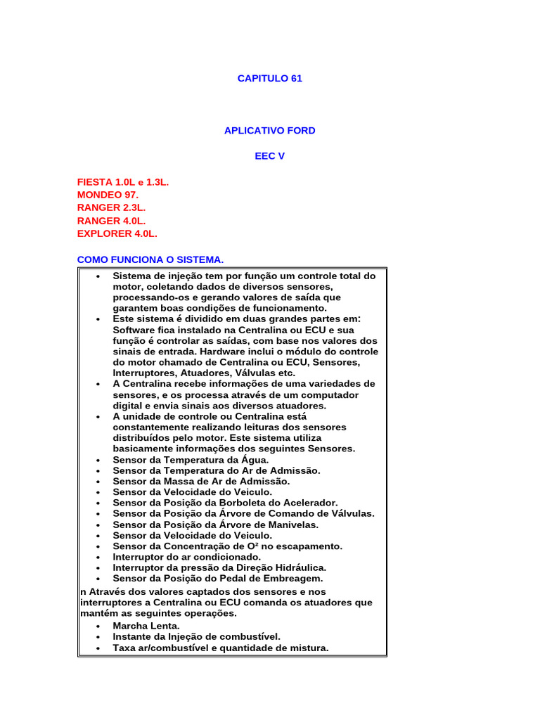 Funcionamento do Sistema EEC V Ford | PDF | Motores | Injeção eletrônica