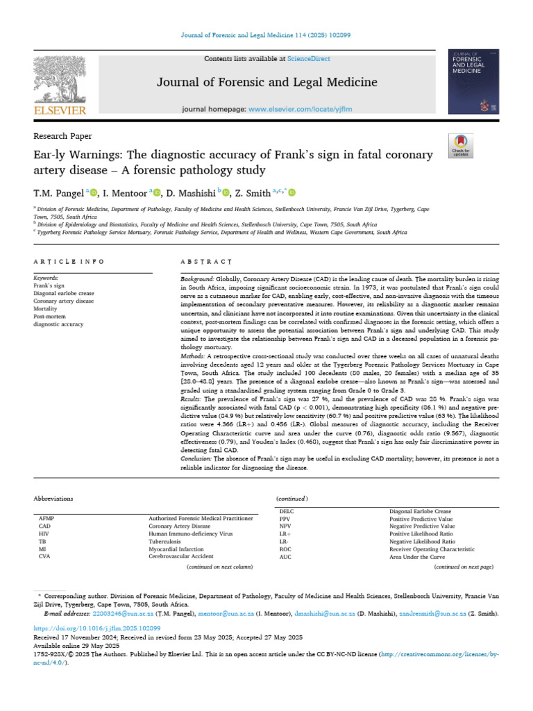 Ear Ly Warnings The Diagnostic Accuracy of Frank S S 2025 Journal of ...