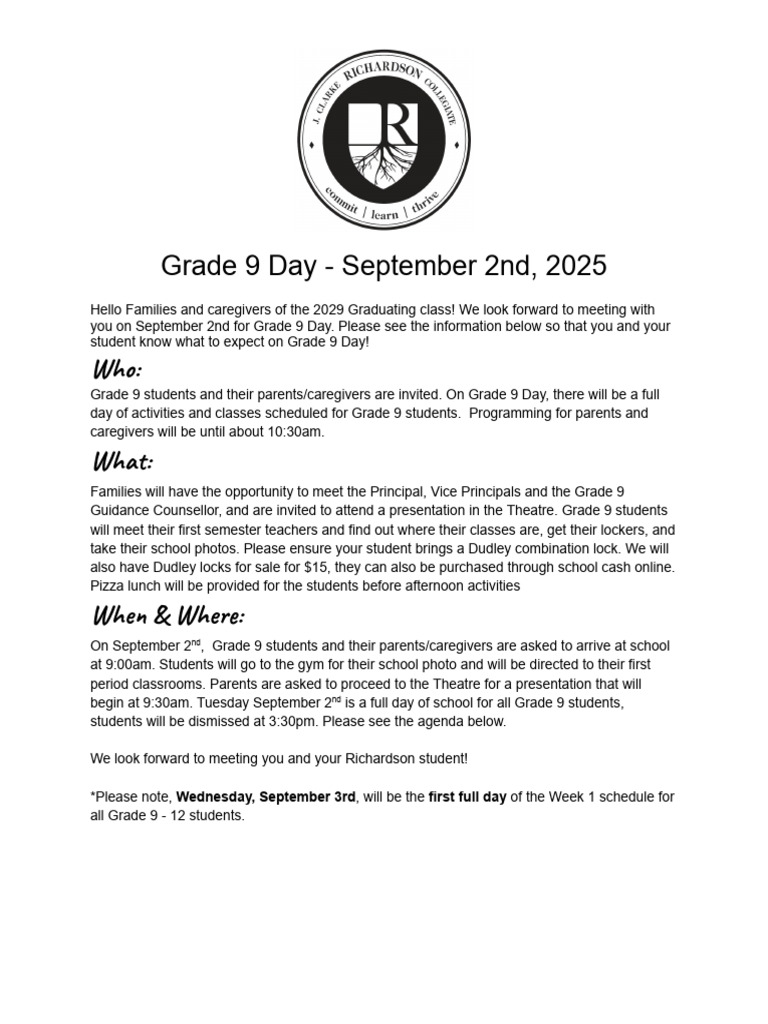JCR Grade 9 Day, September 2nd 2025 Parents Reminder Letter and Agenda ...