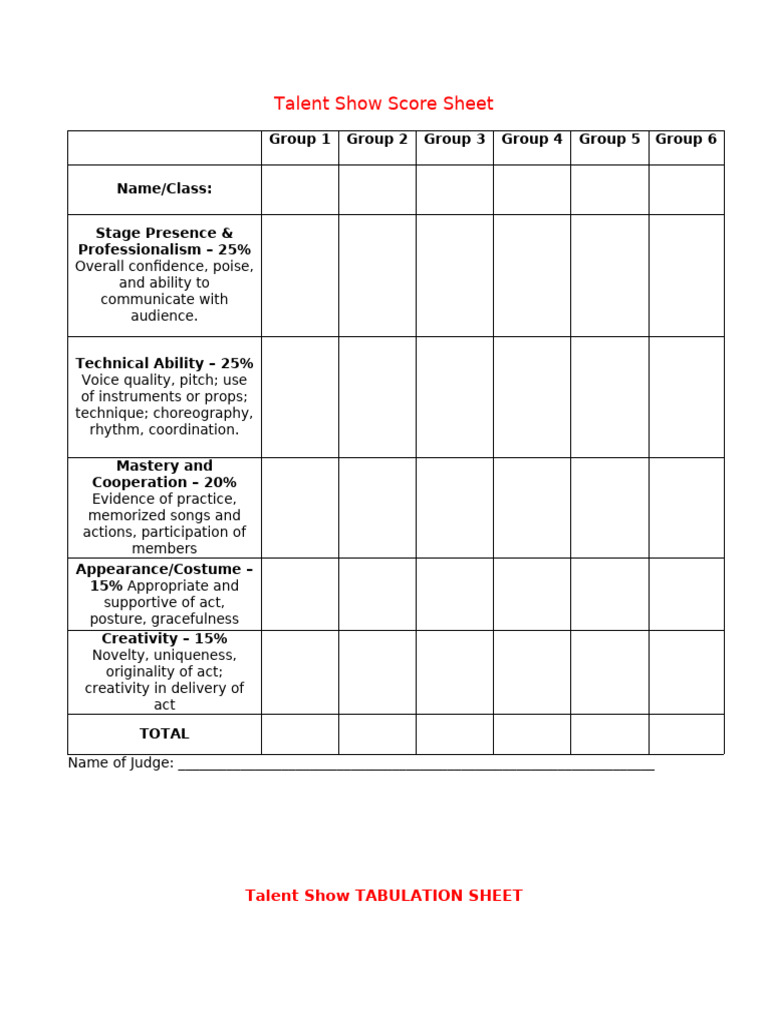Talent Show Score Sheet | PDF | Performing Arts | Musicology