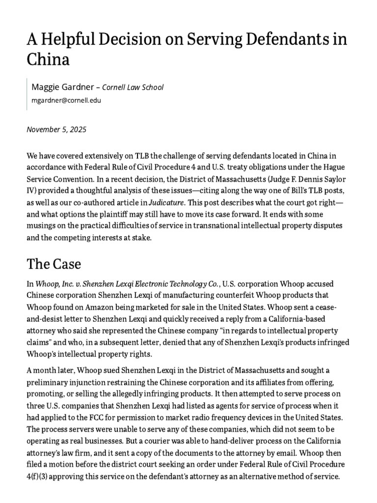 A Helpful Decision On Serving Defendants in China | PDF | Service Of ...