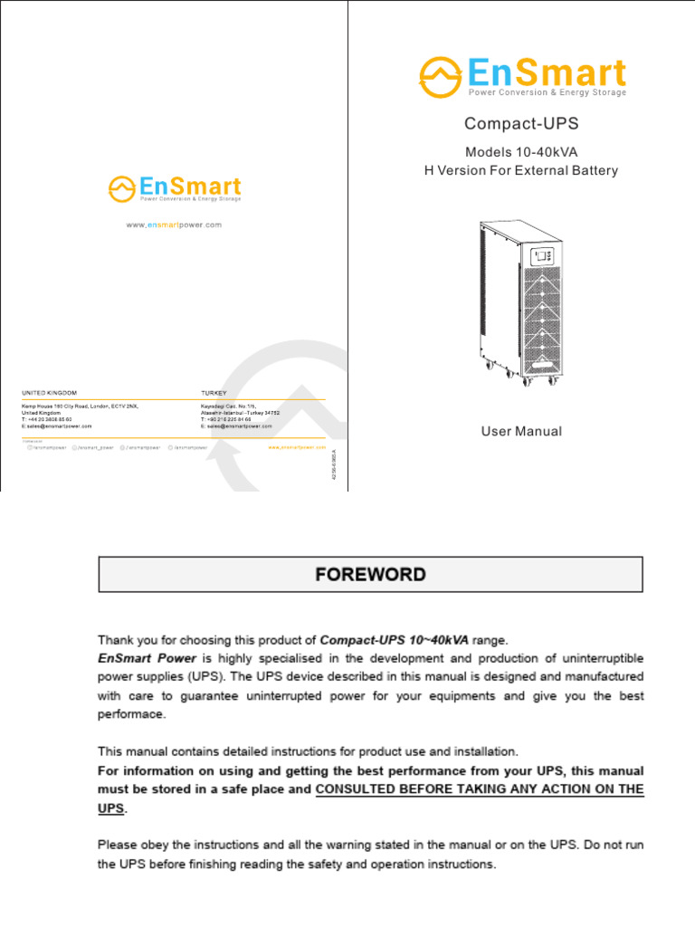 Ensmart Power Compact 10 40 Kva H Version Ups User Manual | PDF | Power ...