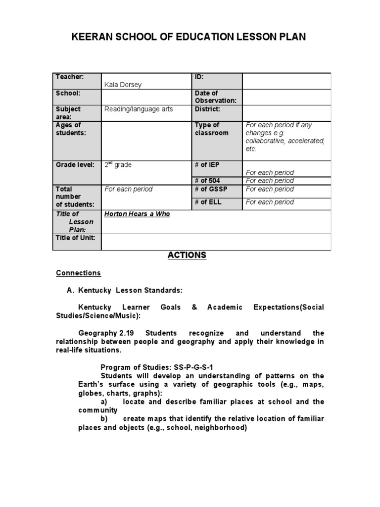 Lesson Plan Horton Hears A Who | PDF | Lesson Plan | Rubric (Academic)