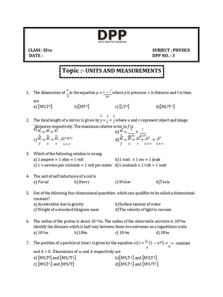 Units and Measurements DPP 3 Min | PDF | Volt | Physical Quantities