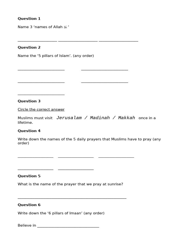 Islamic Studies Level 2 Exam Questions | PDF | Muhammad | Quran
