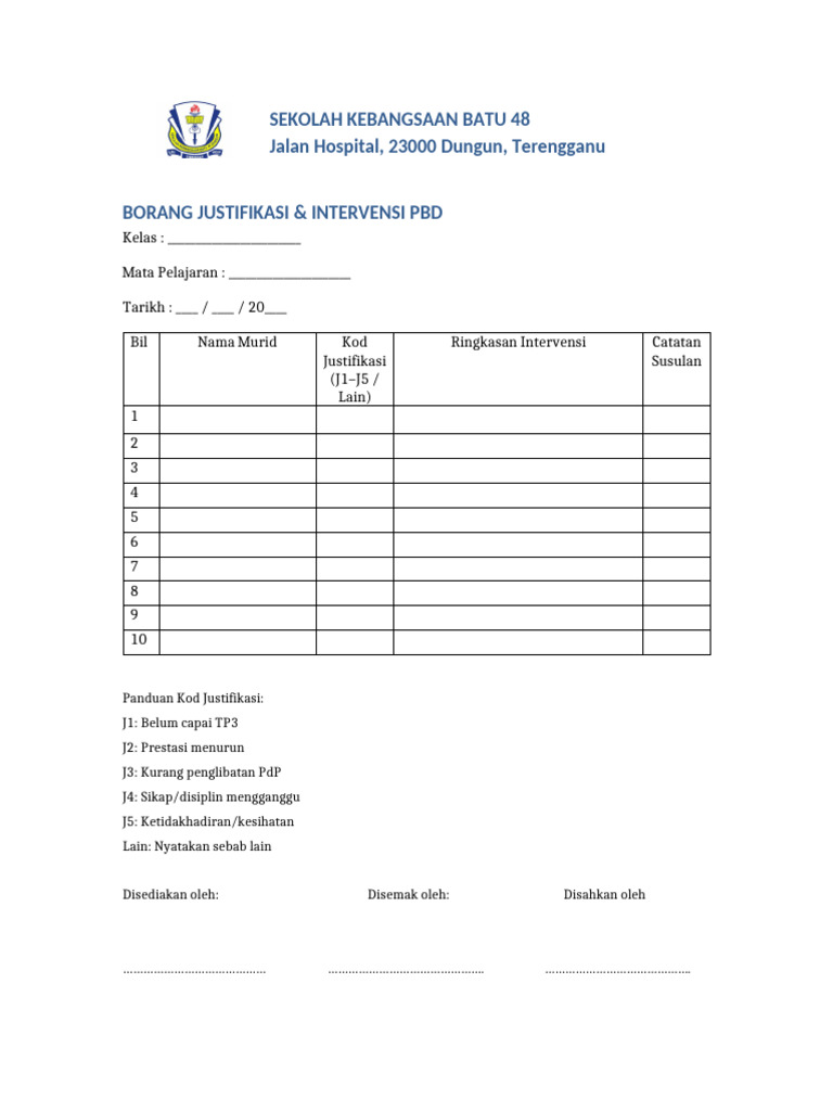 Borang Justifikasi Intervensi PBD Kumpulan | PDF