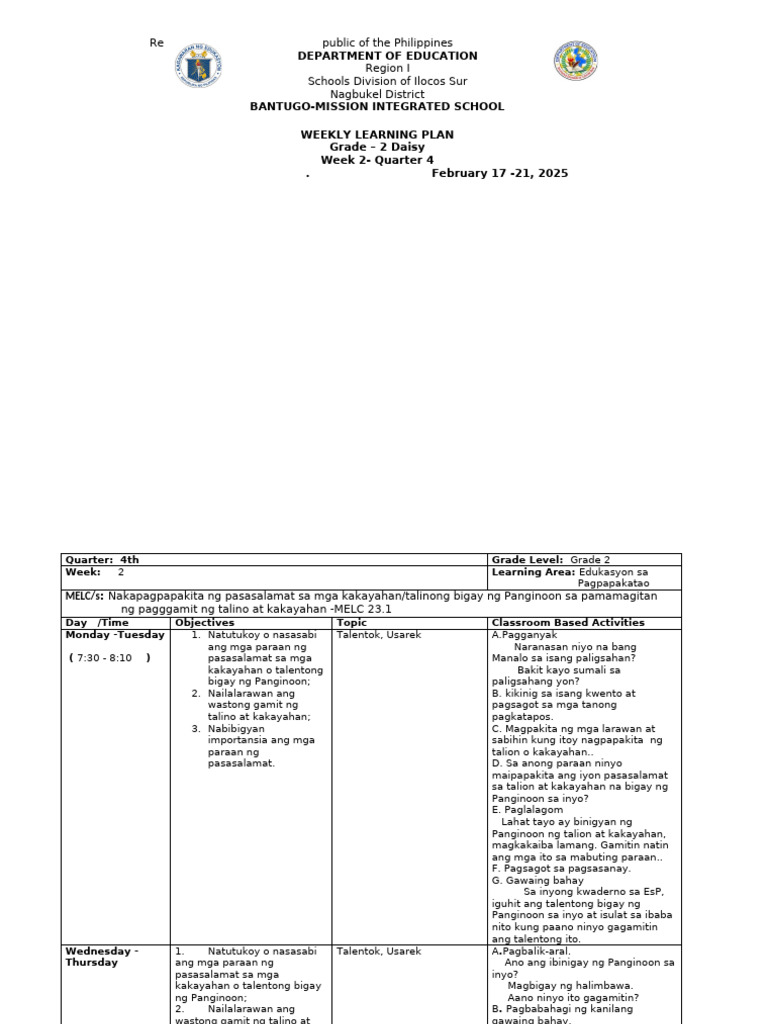 Weekly Learning Plan q4 w2 2025 | PDF