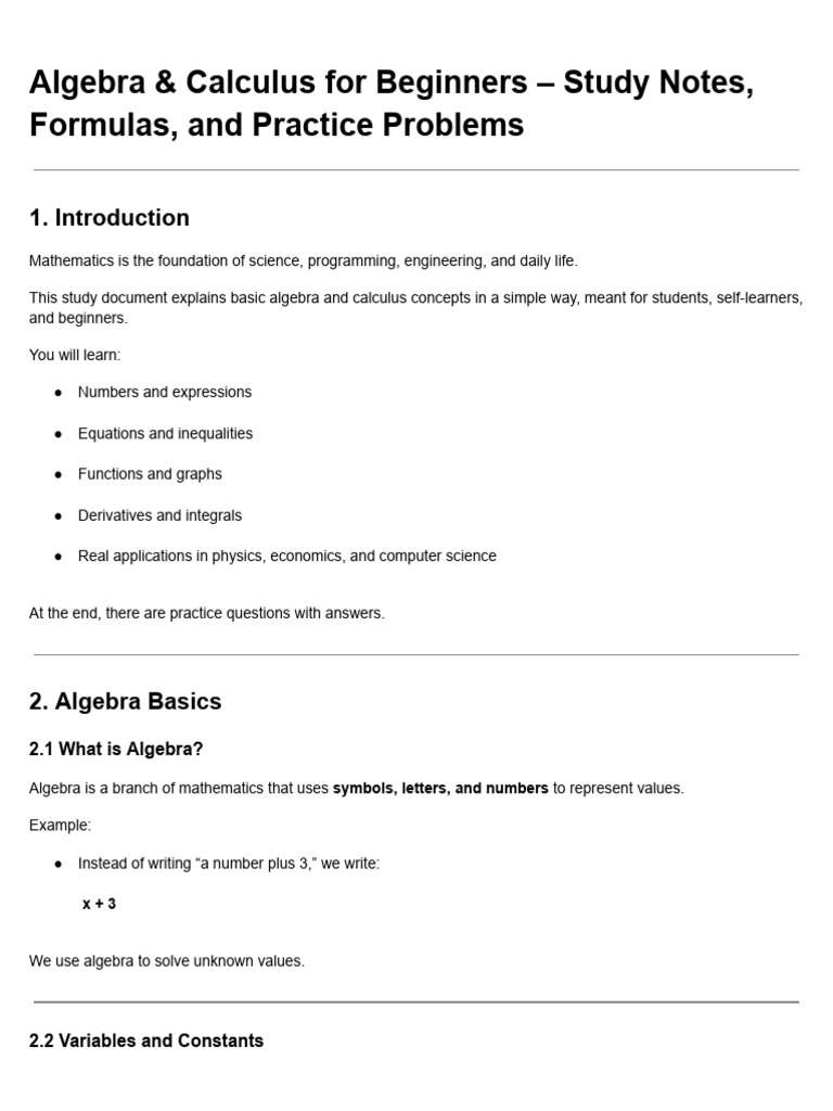 Algebra & Calculus For Beginners - Study Notes, Formulas, and Practice ...