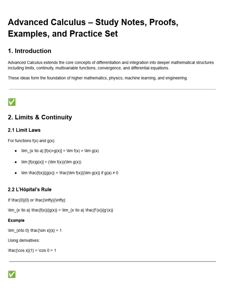 Advanced Calculus – Study Notes, Proofs, Examples, And Practice Set ...