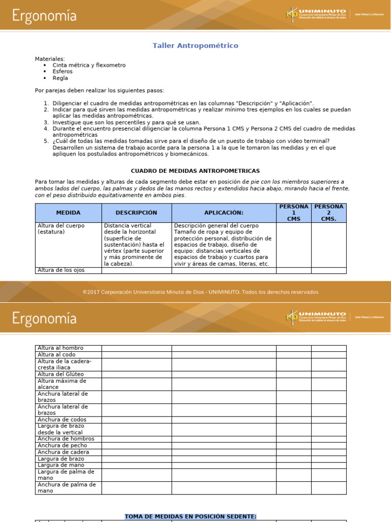 Taller antropometria sem 3(1) | PDF | Antropometría | Mano