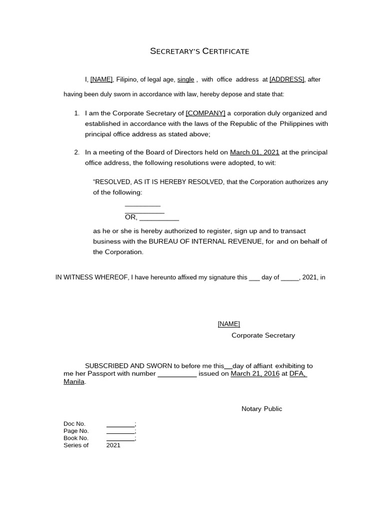 Secretary Certificate Template | PDF