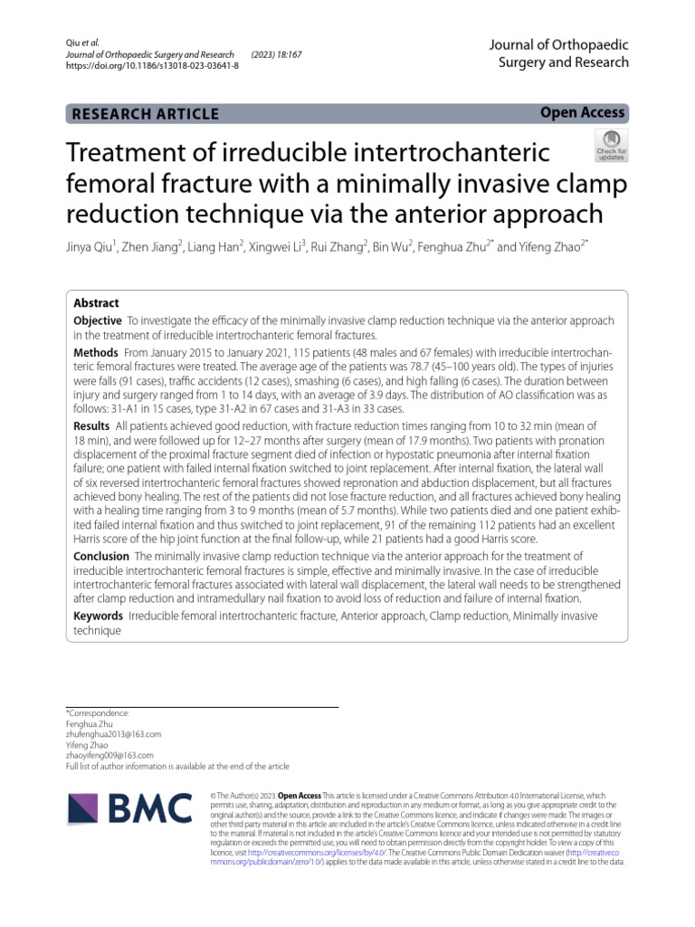 Treatment of Irreducible Intertrochanteric Femoral Fracture With a ...