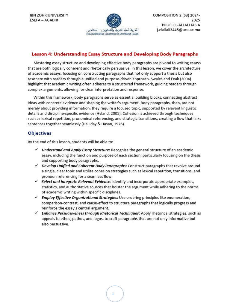 Lesson 4 - Understanding Essay Structure and Developing Body Paragraphs ...