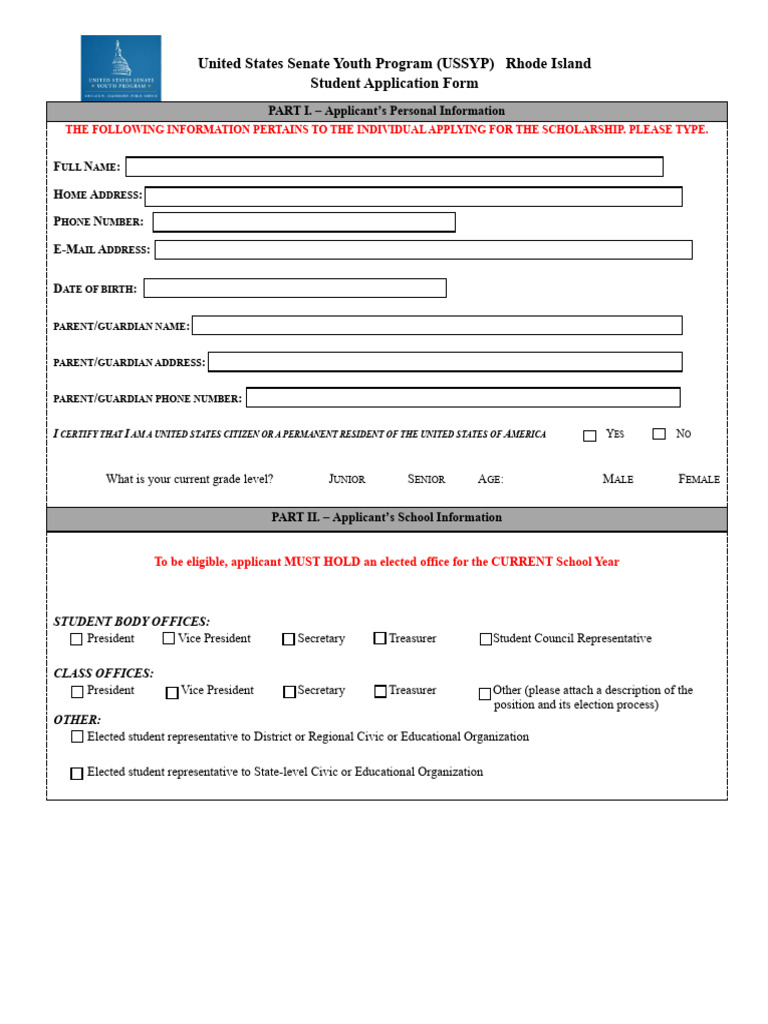 USSYP Rhode Island Student Application Form | PDF