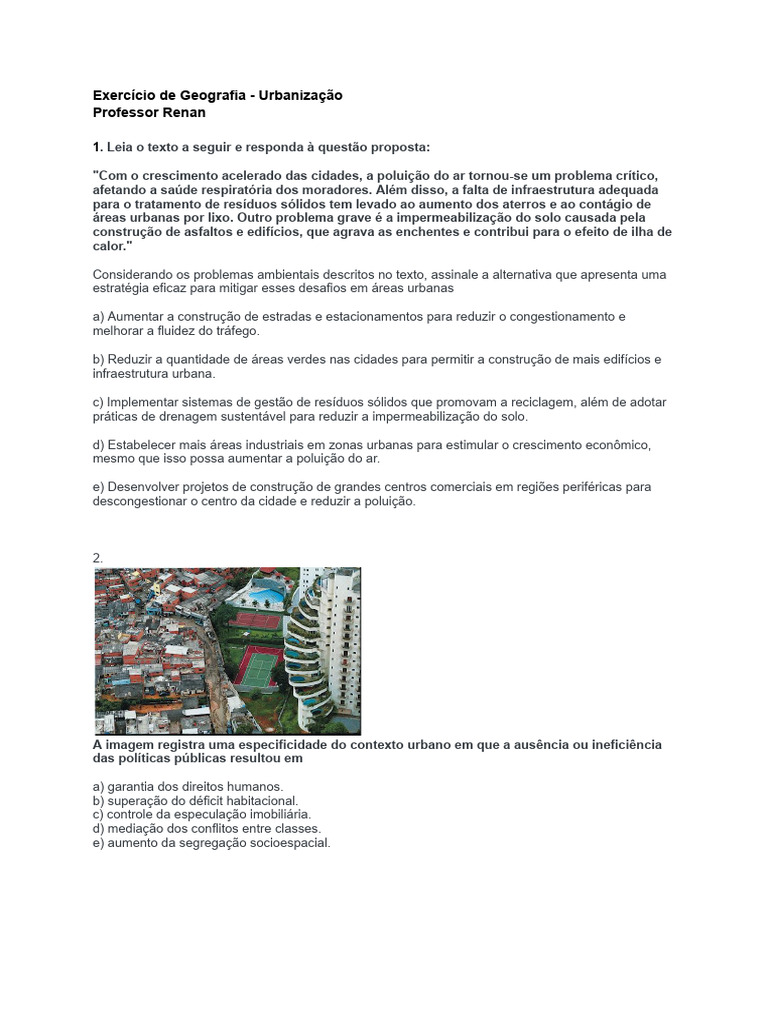 Exercício Urbanização e Problemas Ambientais Urban_250606_094359 | PDF ...