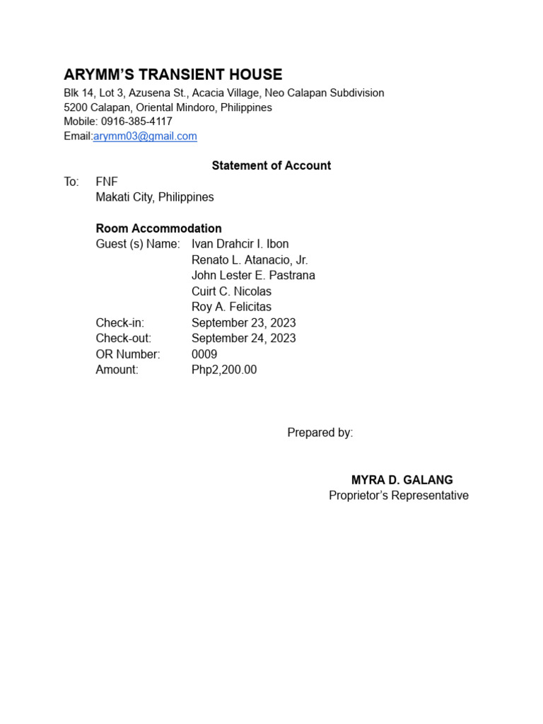 Room Invoice for Arymm's Transient House | PDF