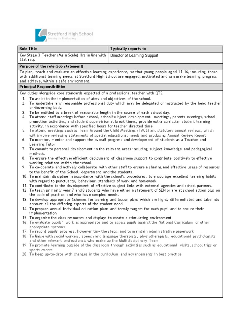 Job Description Teacher Sen | PDF | Teachers | Curriculum