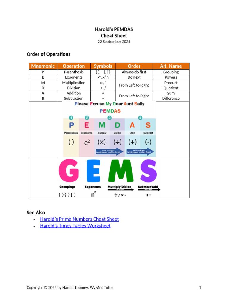 Harolds PEMDAS Cheat Sheet | PDF