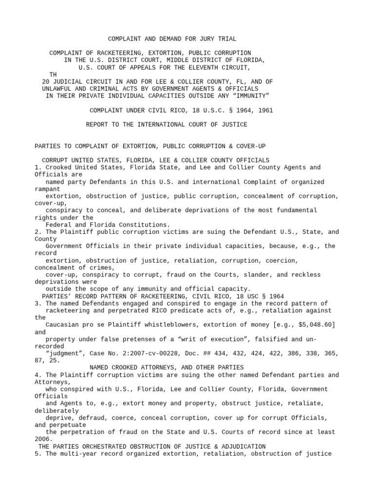 Parties to Complaint of Racketeering Extortion Corruption | PDF ...