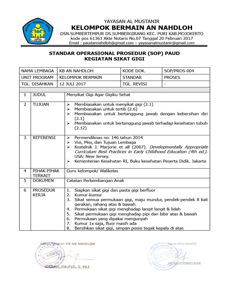 4 Sop Paud Kegiatan Sikat Gigi | PDF