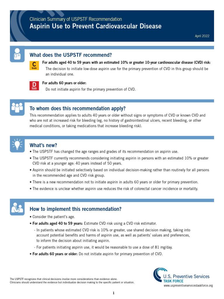USPSTF Aspirin Guidelines for CVD Prevention | PDF | Cardiovascular ...