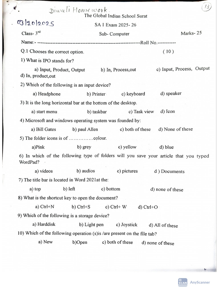 STD 3 Diwali Homework | PDF