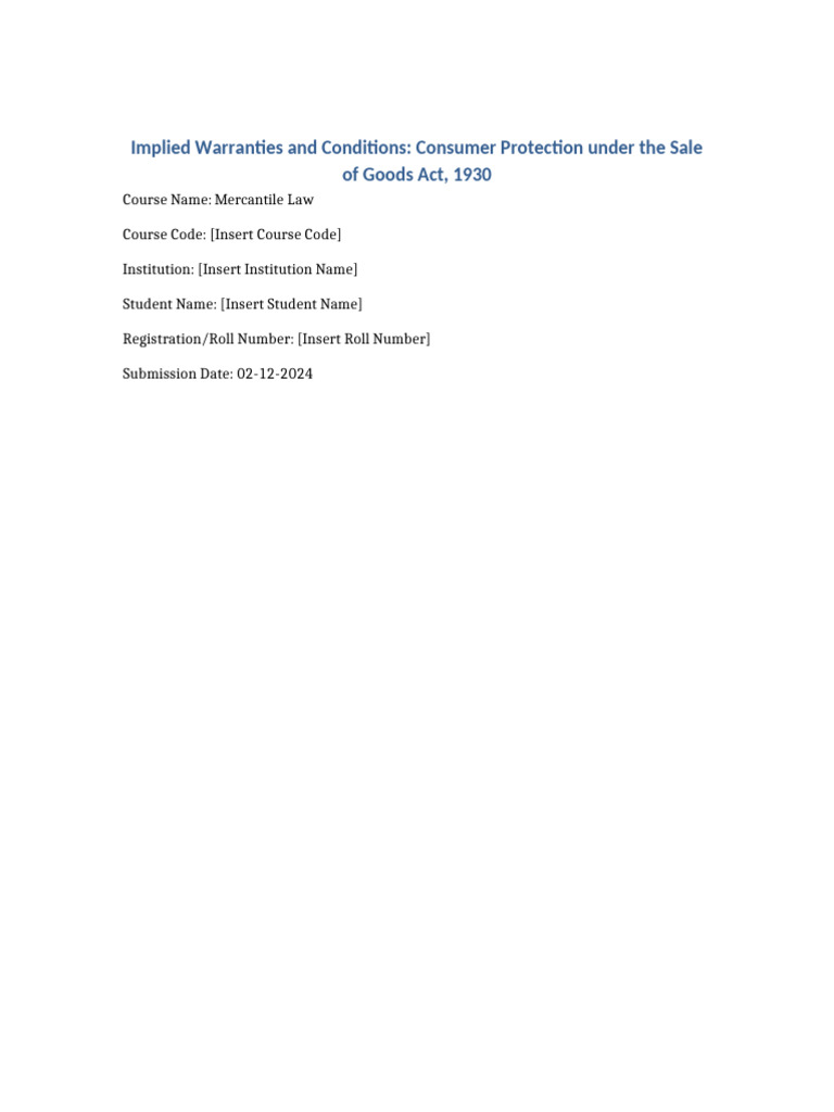 Implied Warranties and Conditions Assignment | PDF