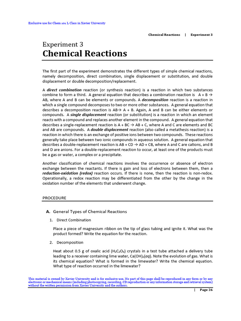CHEM 101L Experiment 3 | PDF | Chemical Reactions | Chemical Compounds