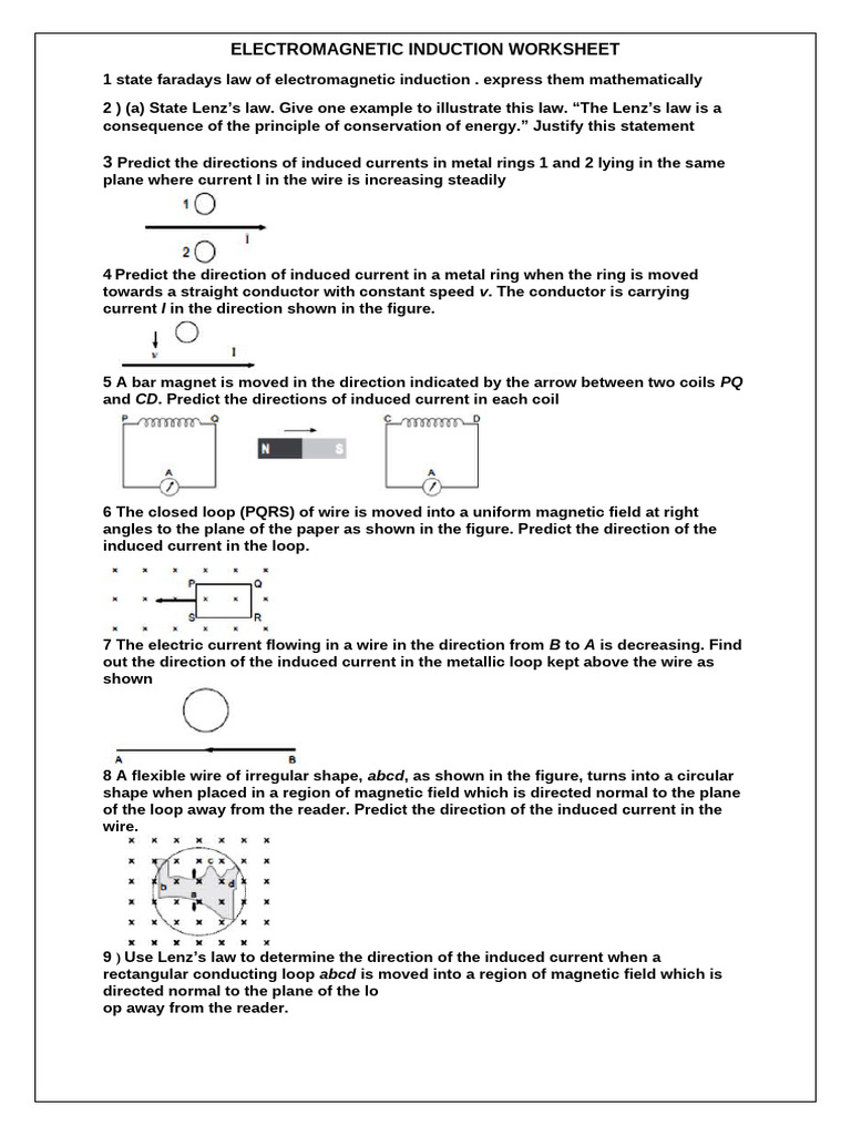 Electromagnetic Induction Worksheet | PDF | Electromagnetic Induction ...