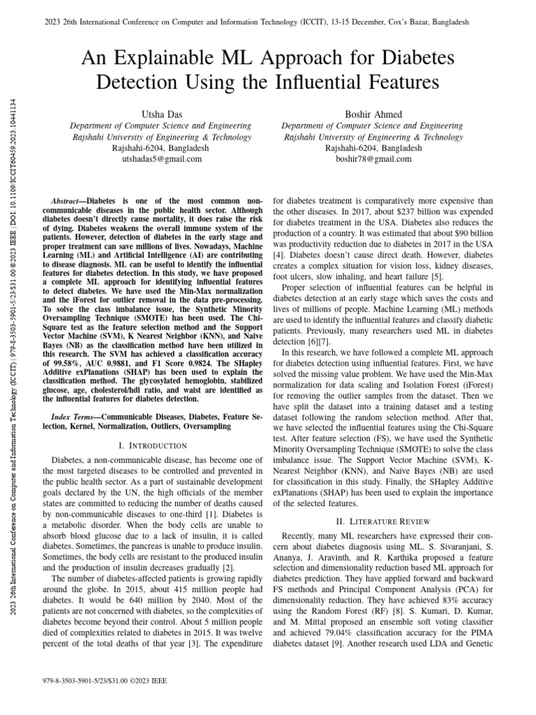An Explainable ML Approach For Diabetes Detection Using The Influential ...