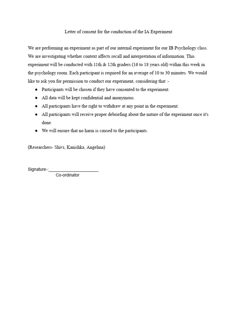 Consent Letter for IB Psychology Experiment | PDF