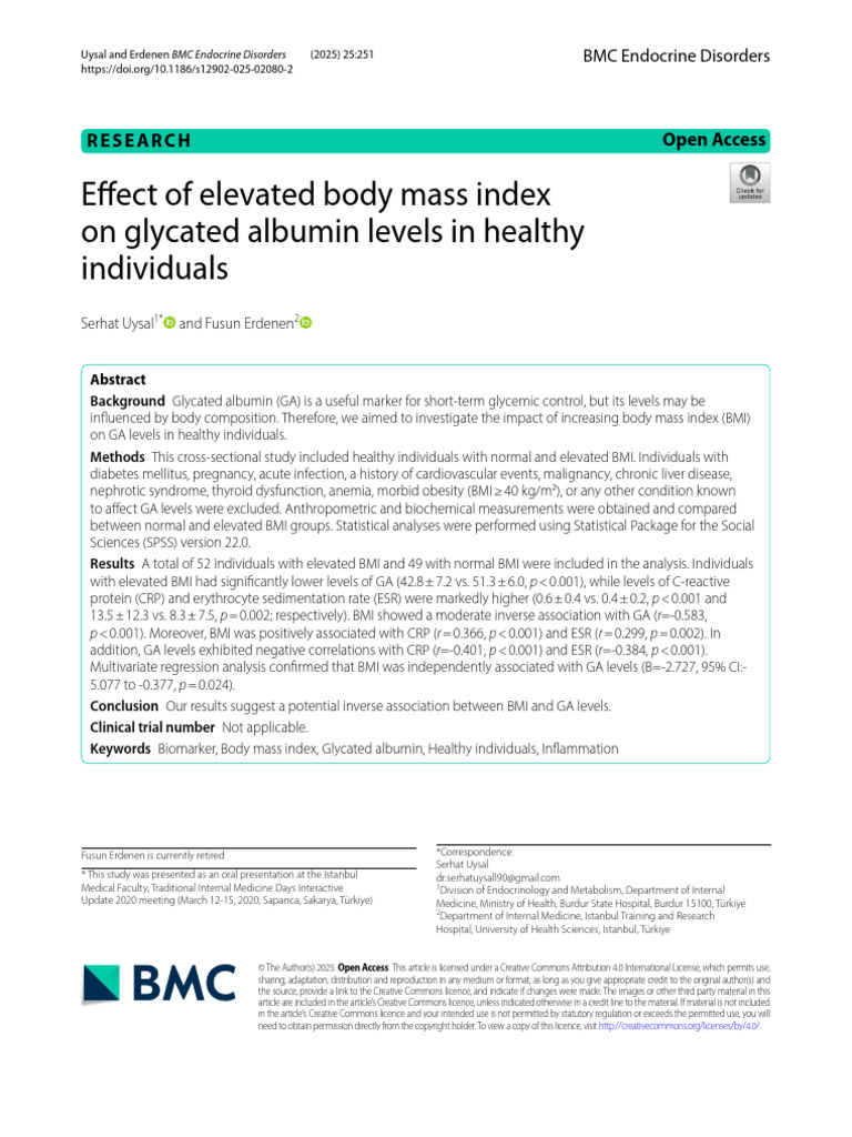 Effect of Elevated Body Mass Index On Glycated Albumin Levels in ...