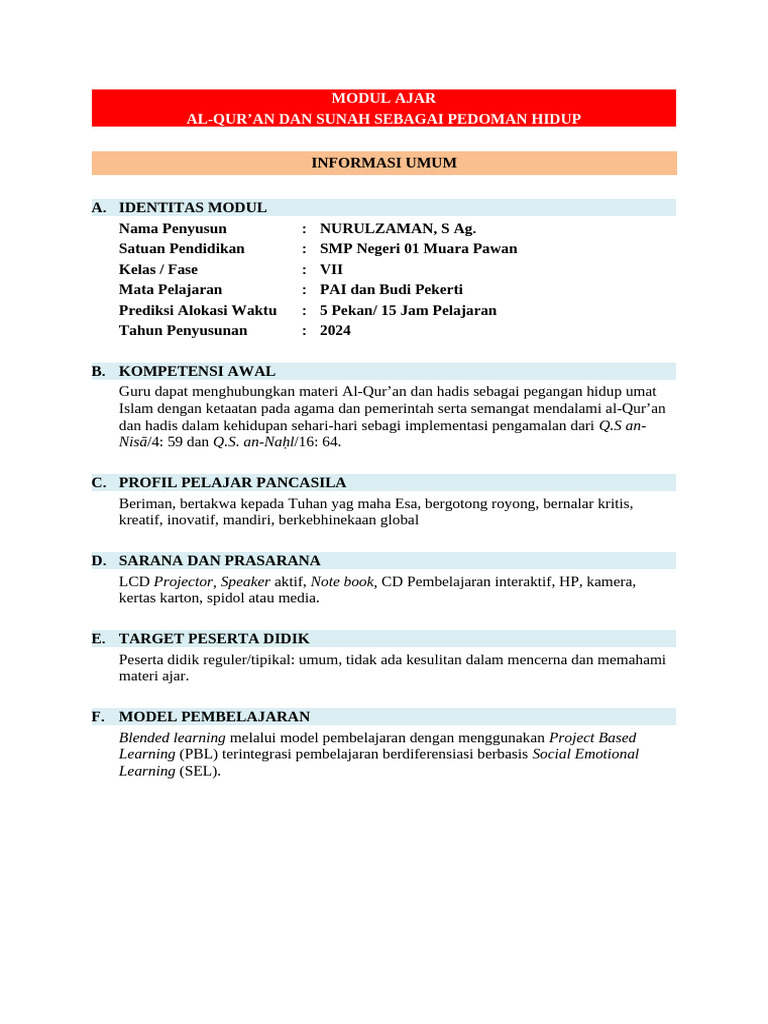 4. Modul Ajar Kelas 7 PAI - Bab 1 | PDF