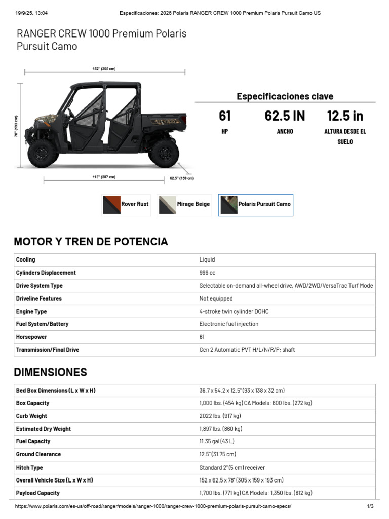 Especificaciones - 2026 Polaris RANGER CREW 1000 Premium Polaris ...