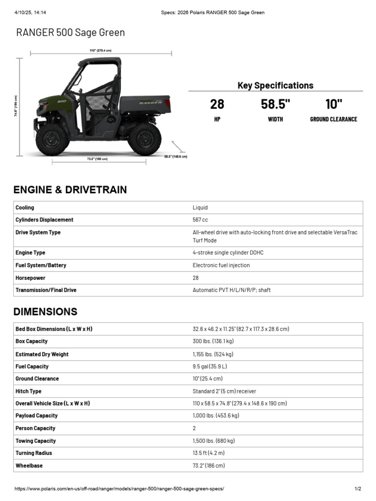 Polaris Ranger 500 Specs