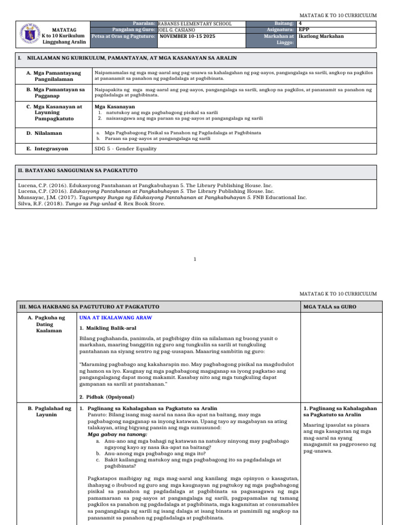 DLL Matatag - Epp 4 q3 w1 | PDF