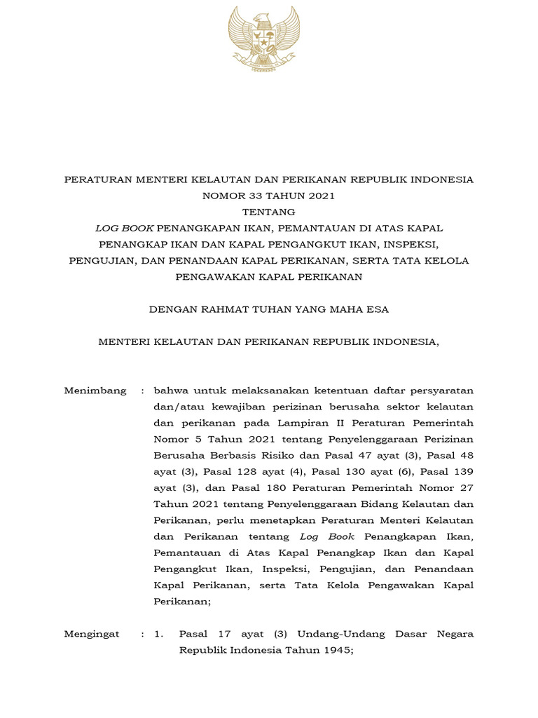 PERMEN-KP 33 Tahun 2021 Ttg Log Book Penangkapan Ikan..._1 | PDF