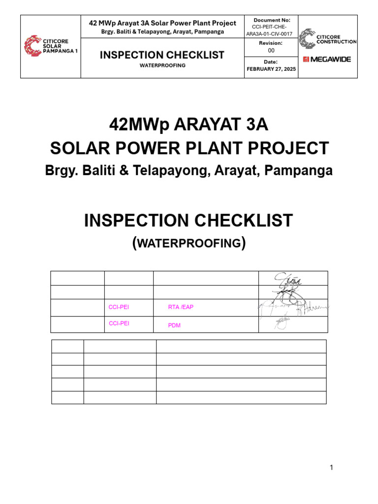 CCI-PMT-CHE-ARA3A-01-CIV-0017 Waterproofing Checklist | PDF | Building ...