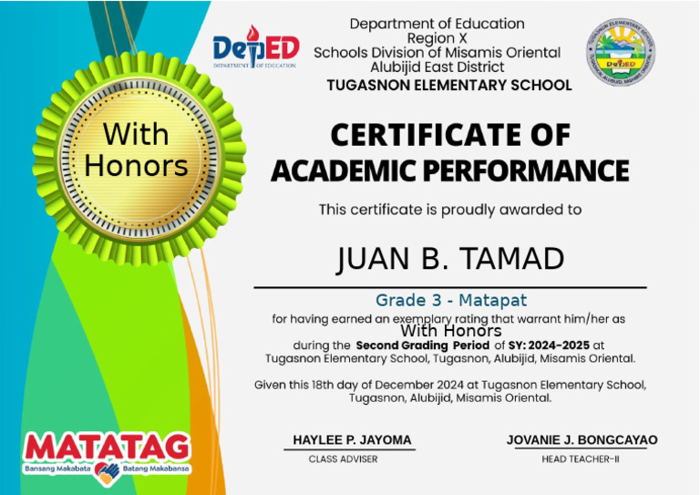 FINAL Certif Reading of Honors 2nd Grading Period Template 2024 | PDF