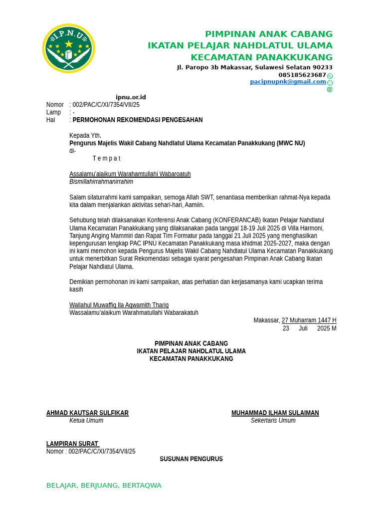 Surat Permohonan Rekomendasi Pengesahan Kepengurusan PAC IPNU ...